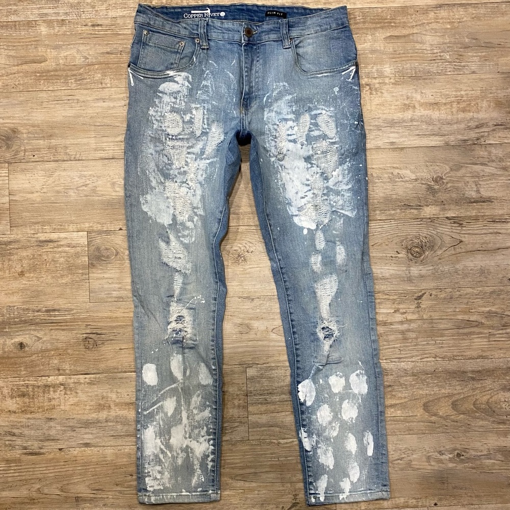 Copper Rivet Light Blue Jeans Print Ripped Jeans, Aci… - Gem